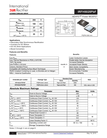 Infineon IRFH5025 MOSFET Data Sheet | Manualzz