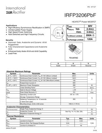 Infineon IRFP3206 MOSFET Data Sheet | Manualzz