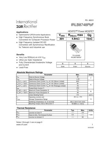 Infineon IRLB8748 MOSFET Data Sheet | Manualzz
