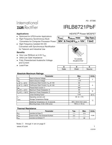 Infineon IRLB8721 MOSFET Data Sheet | Manualzz