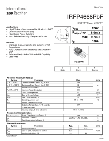Infineon IRFP4668 MOSFET Data Sheet | Manualzz