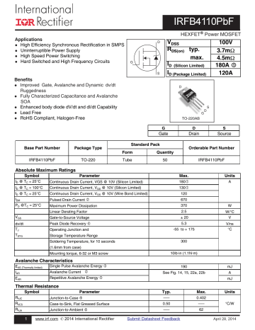 Infineon IRFB4110 MOSFET Data Sheet | Manualzz