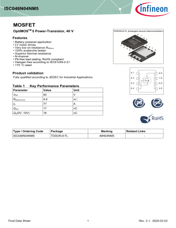 Infineon ISC046N04NM5 MOSFET Data Sheet | Manualzz