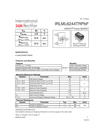 Infineon IRLML6244 MOSFET Data Sheet | Manualzz