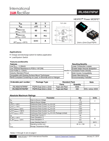 Infineon IRLHS6376 MOSFET Data Sheet | Manualzz