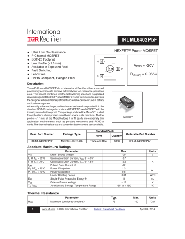 Infineon IRLML6402 MOSFET Data Sheet | Manualzz