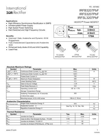 Infineon IRFB3207 MOSFET Data Sheet | Manualzz