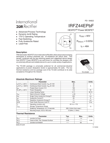 Infineon IRFZ44E MOSFET Data Sheet | Manualzz