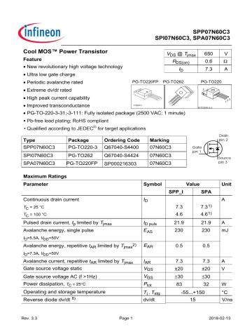 Infineon SPP07N60C3 MOSFET Data Sheet | Manualzz