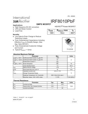 Infineon IRF8010 MOSFET Data Sheet | Manualzz