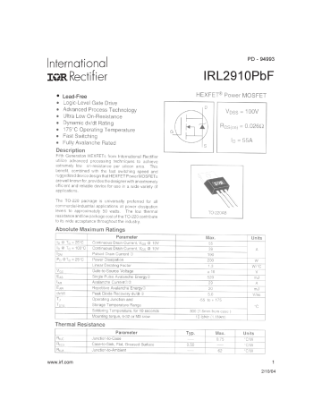Infineon IRL2910 MOSFET Data Sheet | Manualzz