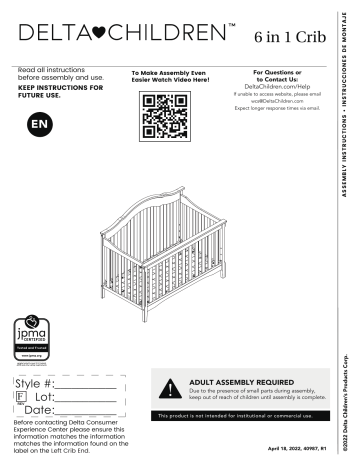 Delta Children Farmhouse 6-in-1 Convertible Baby Crib Assembly Instructions | Manualzz