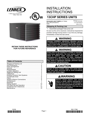 Lennox 13CHP Packaged Unit Installation Manual | Manualzz