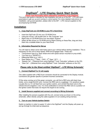 ETB Instruments DigiDash 2 Quick Start Manual | Manualzz