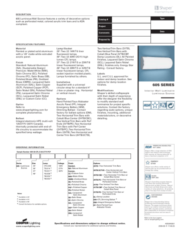 Cooper Lighting 605 Series Specification Sheet | Manualzz