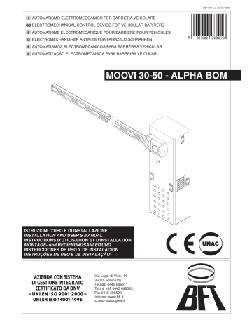 BFT MOOVI 30-50 ALPHA BOM Installation And User Manual | Manualzz