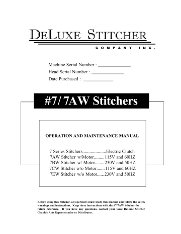 DeLuxe Stitcher 7, 7AW Operation And Maintenance Manual | Manualzz