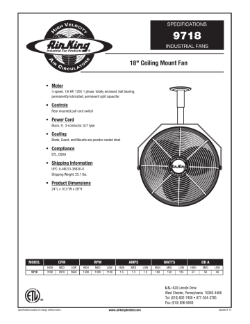 Air King 9718 Industrial Grade Ceiling Mount Fan Spec Sheet | Manualzz