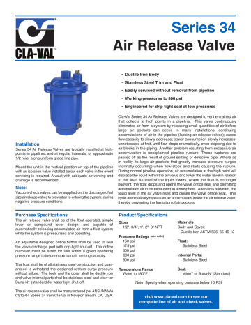 Cla-Val 34 Series Air Release Valve Data Sheet | Manualzz
