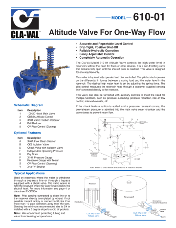 Cla-Val 610-01 Altitude Valve Data Sheet | Manualzz