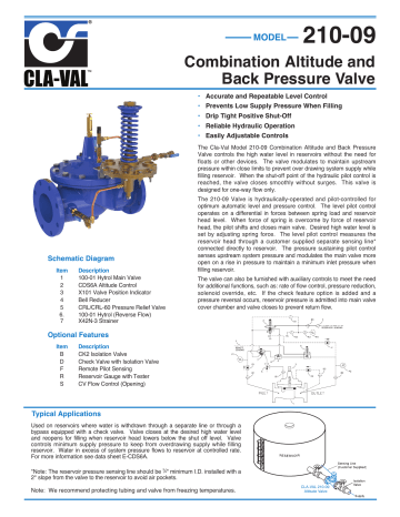 Cla-Val 210-09 Altitude & Back Pressure Valve Data Sheet | Manualzz