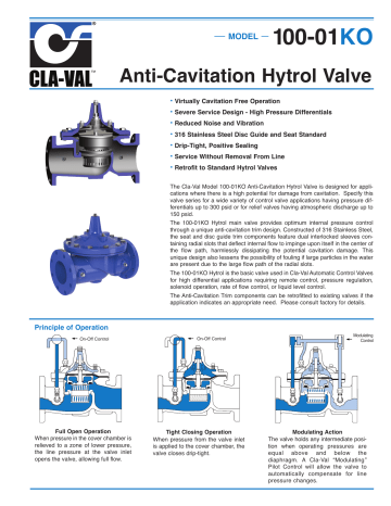 Cla-Val 100-01KO Anti-Cavitation Hytrol Valve Data Sheet | Manualzz