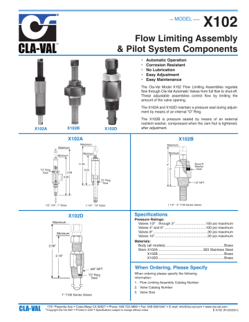 Cla-Val X102 Series Flow Limiting Assembly Data Sheet | Manualzz