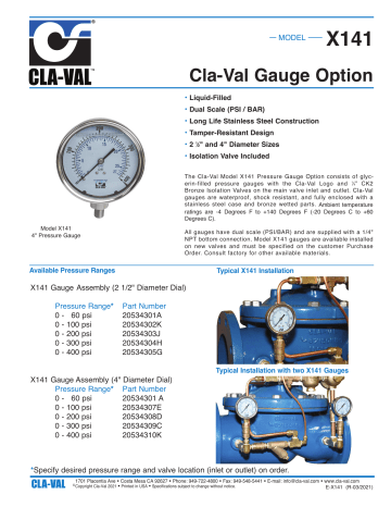 Cla-Val X141 Pressure Gauge Data Sheet | Manualzz