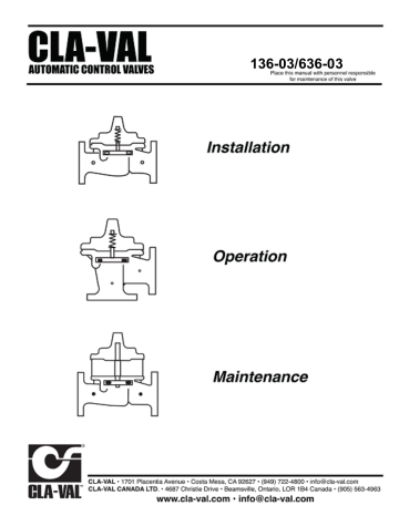 Cla-Val 636-03 Solenoid Control Valve Operation and Maintenance Manual ...