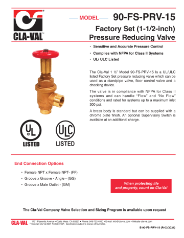 Cla-Val 90-FS-PRV-15 Factory Set Pressure Reducing Valve Data Sheet ...
