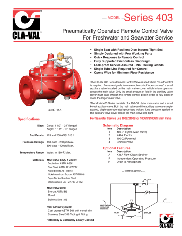 Cla-Val 403 Series Pneumatic Remote Control Valve Data Sheet | Manualzz