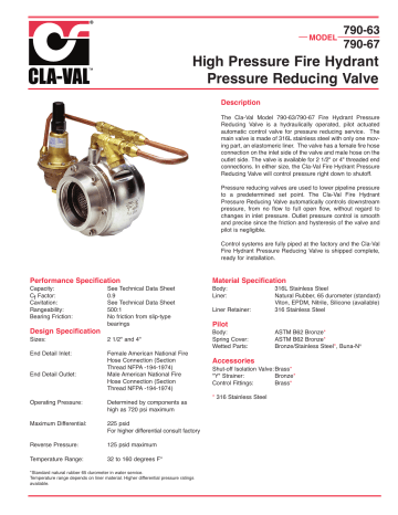 Cla-Val 790-67 Fire Hydrant High-Pressure Reducing Valve Data Sheet ...