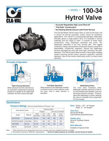 Cla-Val 100-34 Hytrol Valve Data Sheet | Manualzz