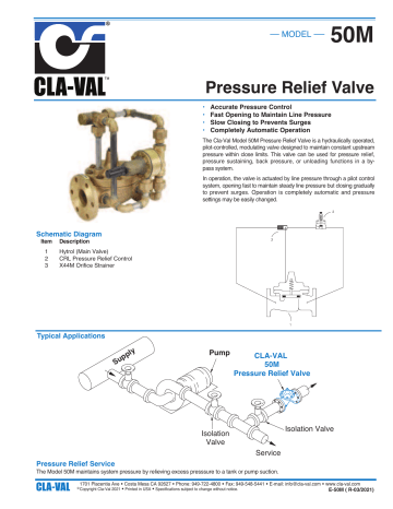 Cla-Val 50M Pressure Relief Valve Data Sheet | Manualzz