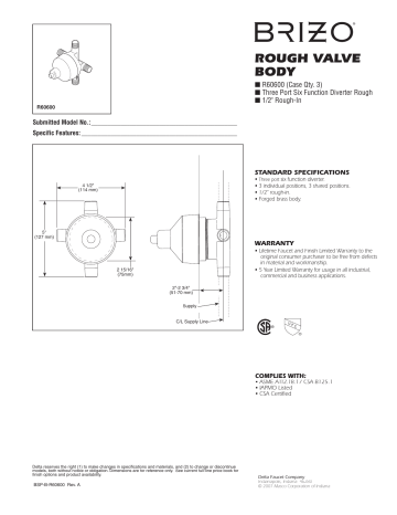 Brizo R60600 6-Setting, 3-Port Diverter Rough Specifications | Manualzz