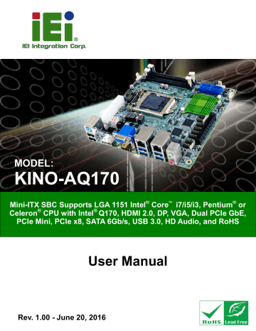 IEI Integration KINO-AQ170 Mini-ITX SBC supports LGA 1151 Intel® Core ...
