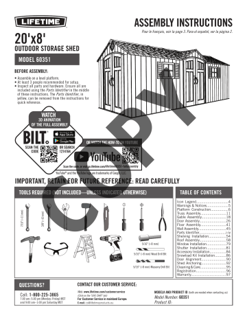Lifetime 60351 20 Ft. x 8 Ft. Outdoor Storage Shed Owner's Manual ...