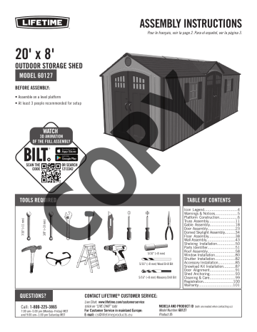 Lifetime 60127 20 Ft. x 8 Ft. Outdoor Storage Shed Owner's Manual ...