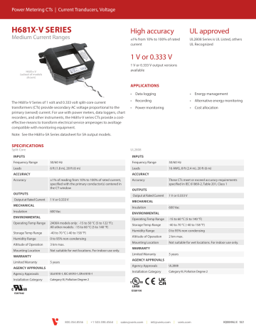 Veris H6812-1000A-1V Power Metering CT Datasheet | Manualzz