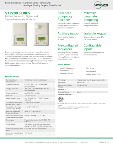 Viconics VT7200F5531W Zoning Thermostat Datasheet | Manualzz