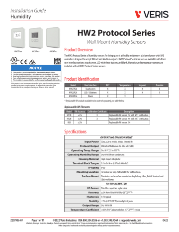 Veris HW2XP2A Wall Humidity Sensor Installation Guide | Manualzz