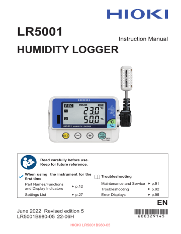 Hioki HUMIDITY LOGGER LR5001 Instruction Manual | Manualzz