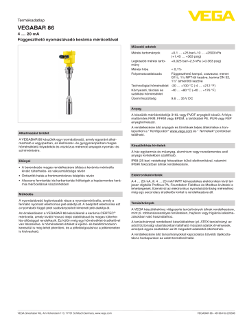 Vega VEGABAR 86 Submersible pressure transmitter with ceramic measuring ...