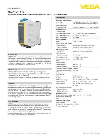 Vega VEGATOR 142 Double channel controller for level detection ...