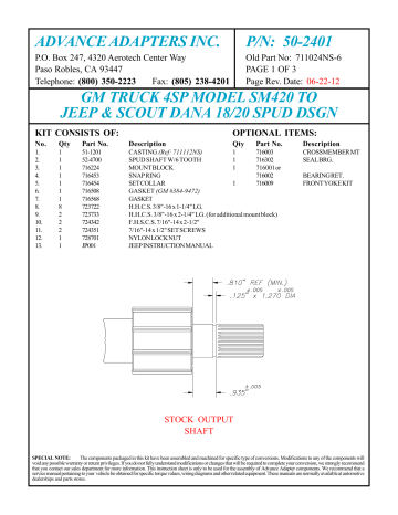 Advance Adapters 50-2401 SM420 X JEEP DANA 18/20-6 SPL Instructions ...