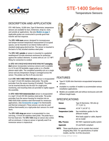 KMC Controls STE-1400 Series Temperature Sensors Data Sheet | Manualzz