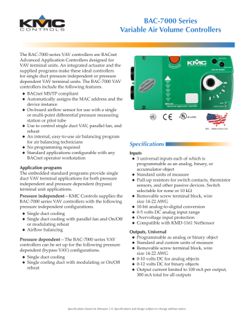 KMC Controls BAC-7000 Series VAV BACnet Advanced Data Sheet | Manualzz