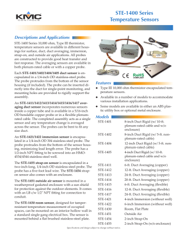 KMC Controls STE-1400 Series Temperature Sensors Data Sheet | Manualzz