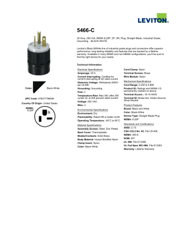 Leviton 5466-C 20A 250V 3-Wire Plug Specification | Manualzz