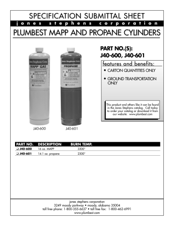 Jones Stephens J40601 14.1 oz Propane Specification | Manualzz